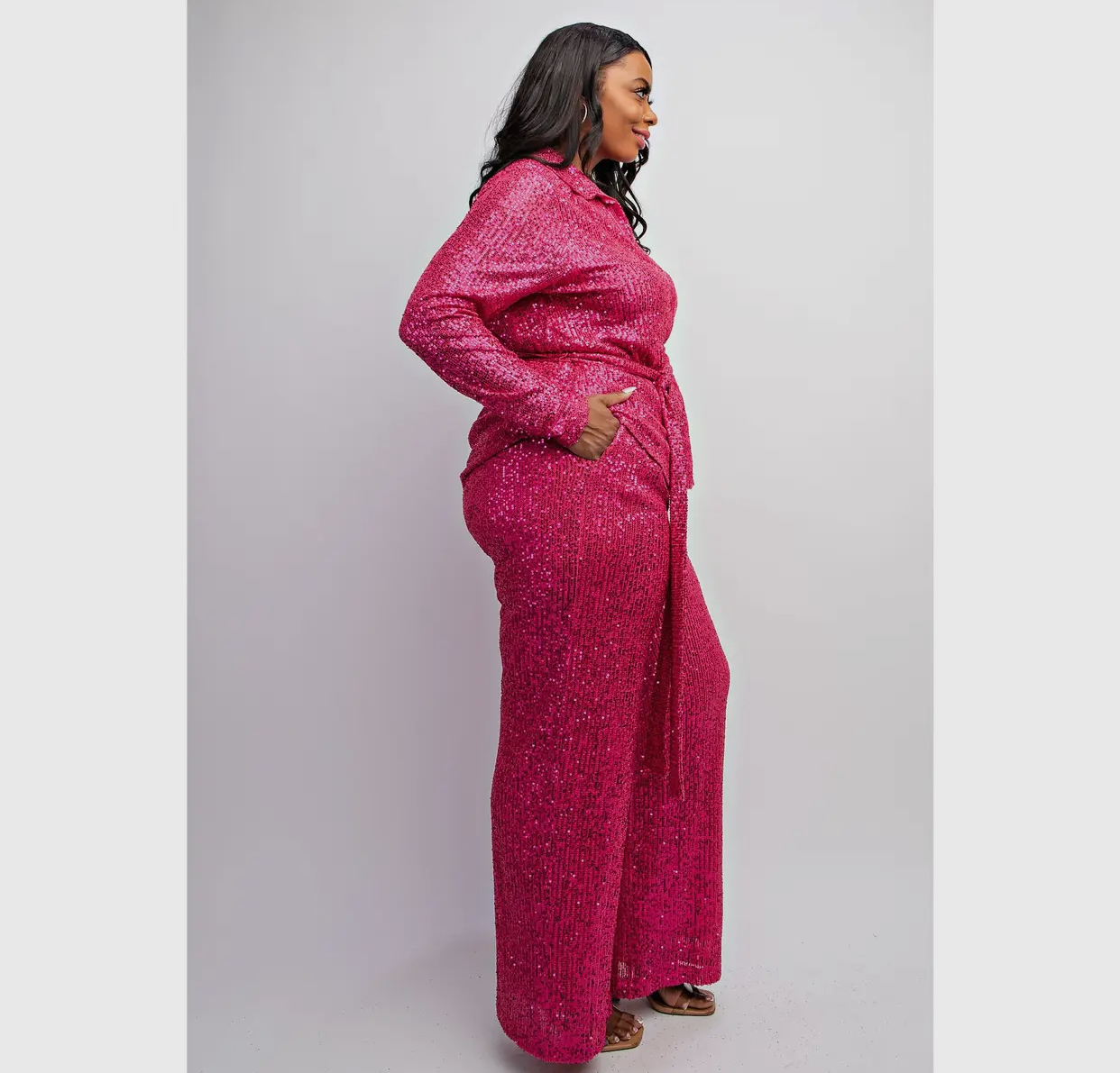 The Curve LA Plus Size Sequins Shirt and Wide-Leg Pants Set – Stilluz